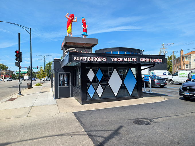 Superdawg's blue diamond facade is like a mid-century modern postcard come to life, promising delicious nostalgia with every visit.