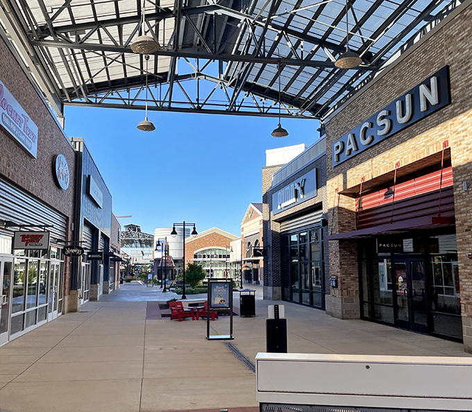 This covered walkway feels like strolling through a European shopping district, Michigan-style.