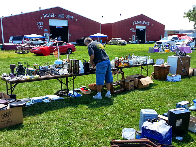 Outdoor vendors at Tecumseh create a festival atmosphere. Nothing beats browsing treasures under Michigan's summer sky!