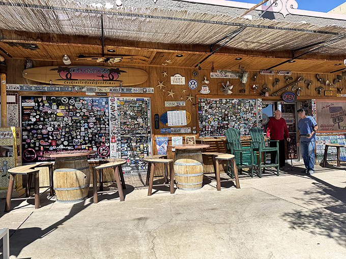 Barrel tables and wooden chairs invite you to sit a spell at this Boulder City institution where every wall tells a story.