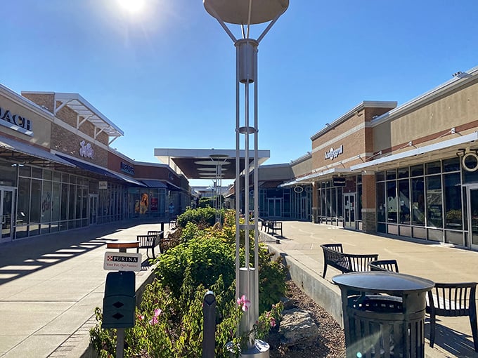 Outdoor seating areas at The District offer a peaceful oasis between shopping sprints. Your credit card needs a breather too!