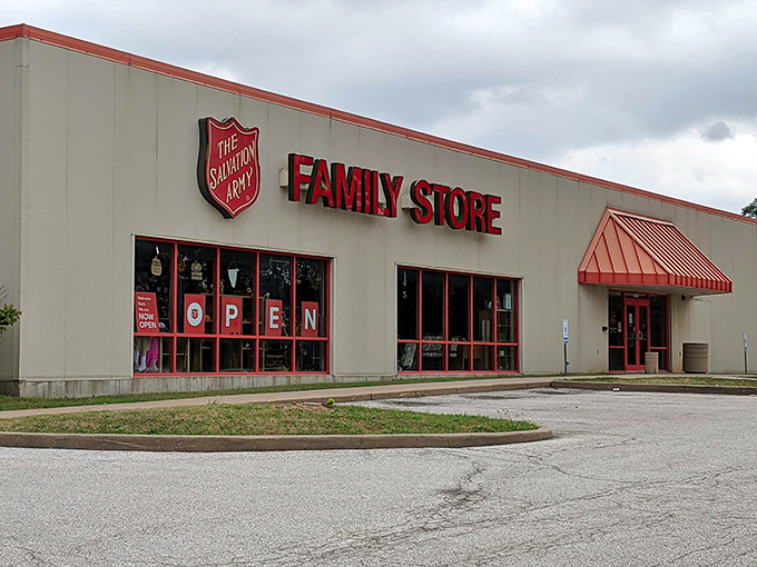 "OPEN" beckons from the windows of this Salvation Army store&mdash;a siren call to bargain hunters and treasure seekers alike.