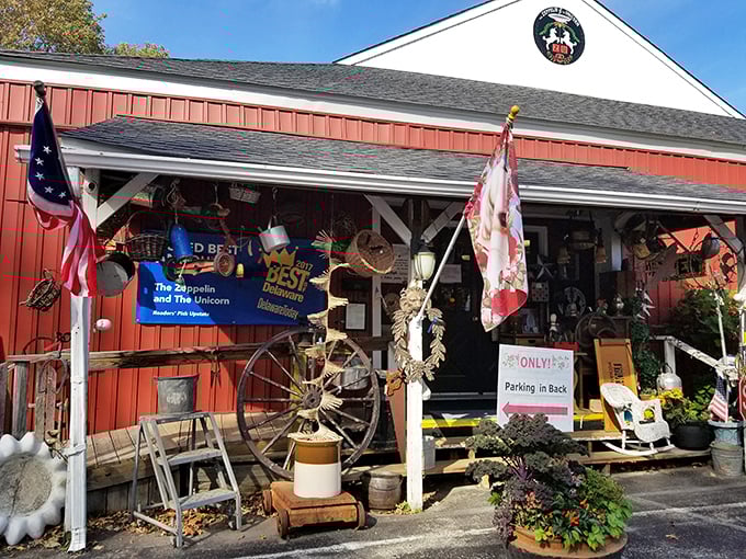 Every corner tells a story here, where antique wheels and weathered signs create an irresistible outdoor shopping adventure.