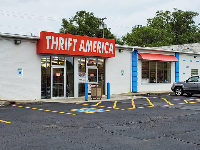 Bright awnings and a welcoming entrance&mdash;this Thrift America promises adventures in bargain hunting.