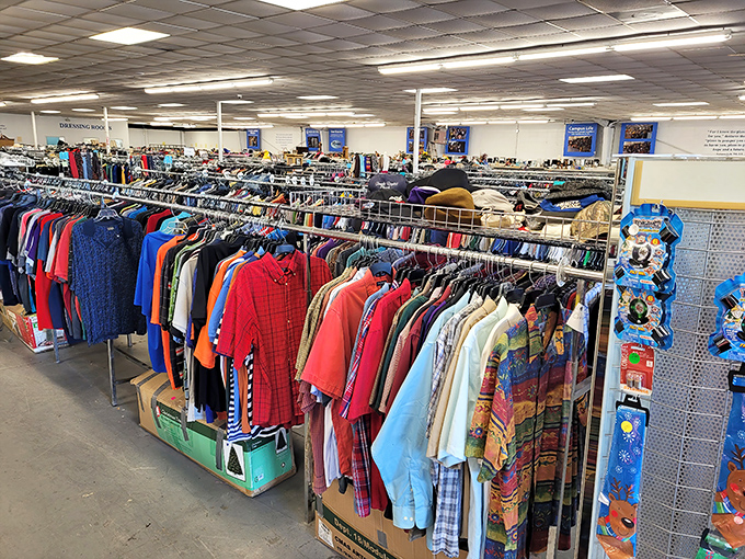 Racks upon racks of possibility! This clothing wonderland at Thrift Mart makes department stores look like they're trying too hard.