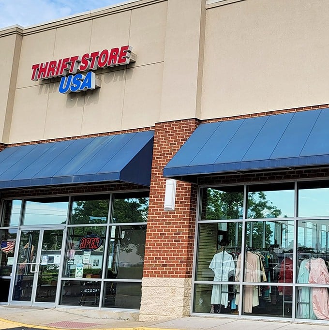 Blue awnings and bright signage welcome bargain hunters to this Norfolk thrift paradise.