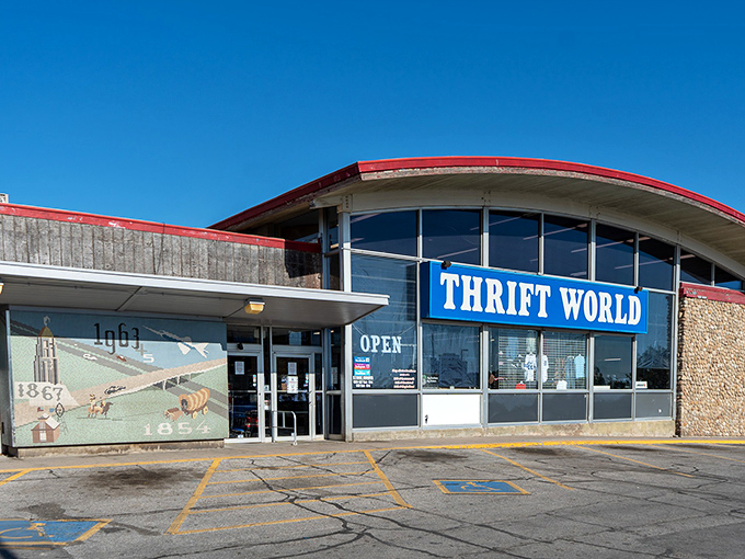 The stone and glass facade promises treasures inside this massive thrift shopping destination. 