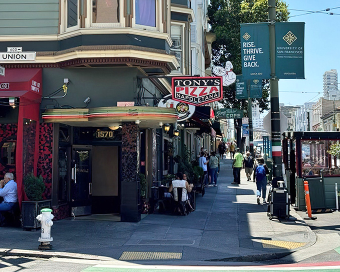 Tony's red signage beckons like a lighthouse for hungry souls wandering North Beach's bustling streets. 