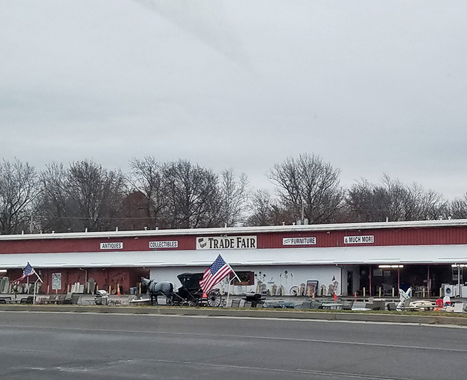 Trade Fair's sprawling red building promises a day of discovery, with Amish buggies and American flags hinting at the Americana inside.