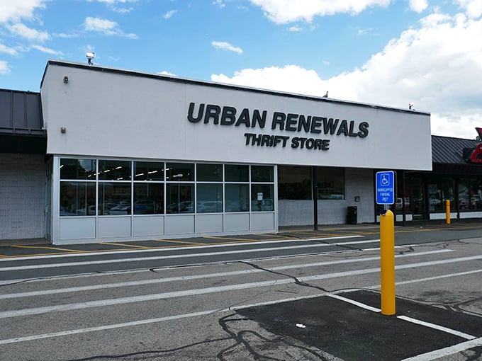 The clean exterior of Urban Renewals promises organized treasure hunting in one of Roslindale's best-kept thrifting secrets.