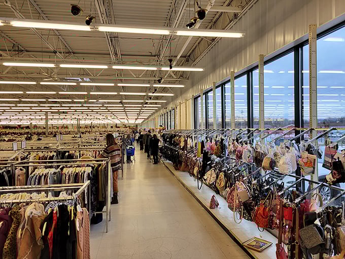 Endless racks stretch toward the horizon in this thrifter's paradise. You might need breadcrumbs to find your way back!