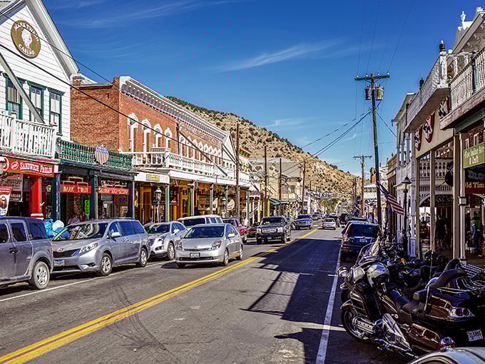 The historic buildings of Virginia City line up like actors waiting for their cue, with the Sierra Nevada mountains providing a dramatic backdrop.
