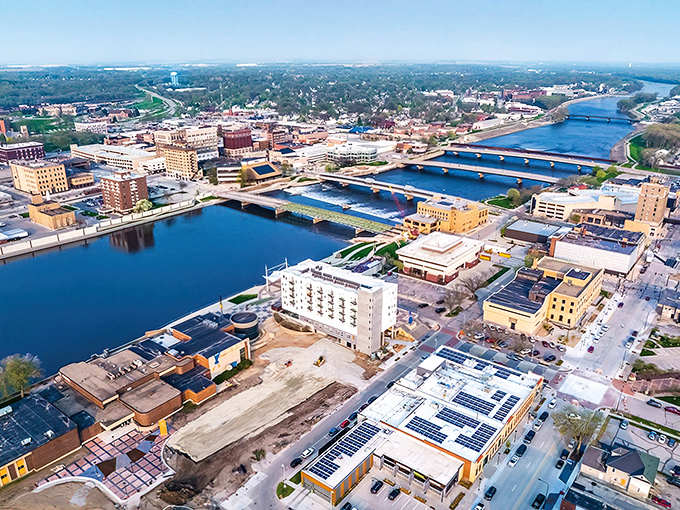 From above, Waterloo spreads along the Cedar River like a perfectly planned retirement community dream.