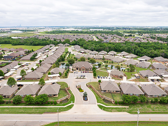 From above, this community spreads like a well-planned neighborhood where golden years shine.