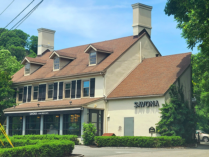 The distinctive twin chimneys and dormer windows of Savona create an inviting silhouette that whispers "come in and stay awhile."