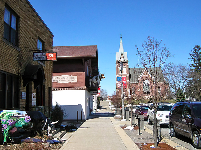 Another view of downtown reveals the heart of "America's Little Switzerland," where even the pedestrian crossing signs seem to have a European flair.