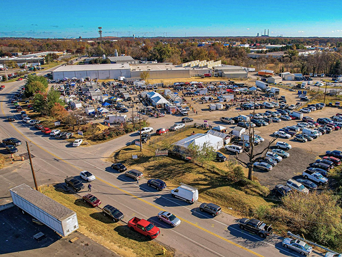 The treasure hunter's paradise from above. Like a small city dedicated to the art of the deal, 8th Ave Flea Market sprawls invitingly under Maryland's blue skies.