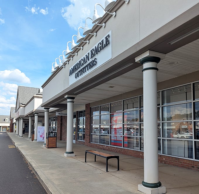 American Eagle Outfitters welcomes shoppers with classic columns and clean lines&mdash;like a temple dedicated to the worship of casual fashion.