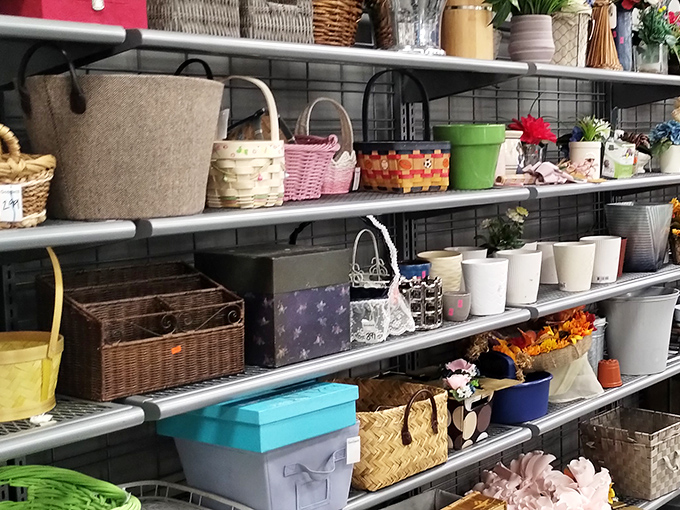 Basket paradise! From woven wonders to colorful containers, this shelf offers organizational solutions that Marie Kondo would approve of.