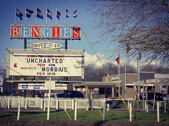 The iconic Bengies marquee stands tall since 1956, a colorful beacon announcing tonight's cinematic journey with retro flair that Instagram filters can only dream of replicating.