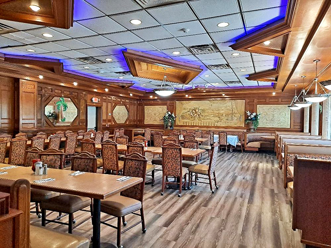 Not your average greasy spoon! The Club House Diner's interior surprises with elegant wood paneling, blue accent lighting, and comfortable seating that invites lingering conversations.