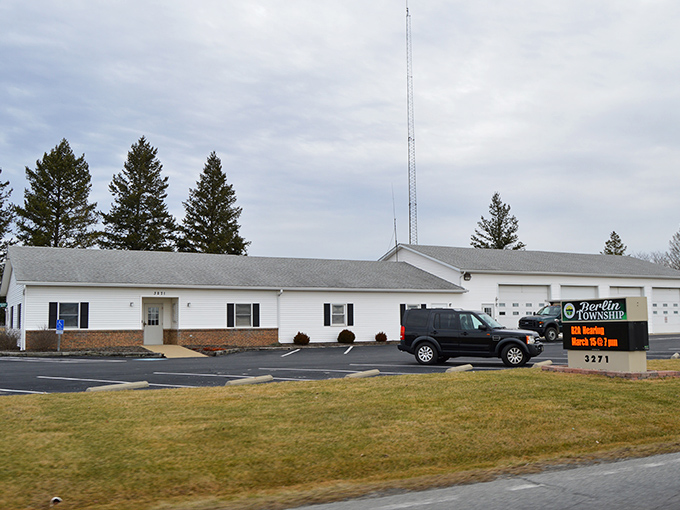 The township hall stands ready for bingo nights, community meetings, and solving problems the old-fashioned way.