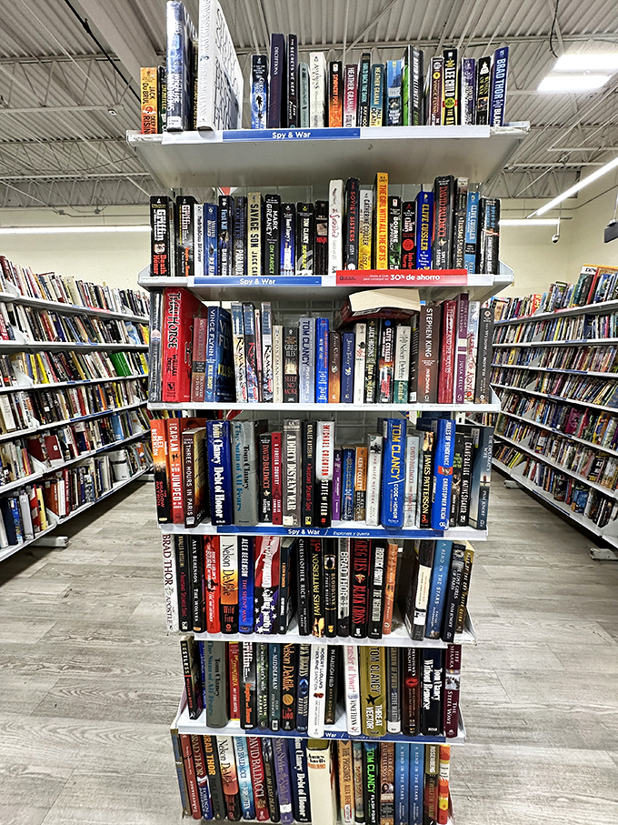 Spy thrillers and war histories line these shelves like a paperback Pentagon, ready to fill your nightstand.
