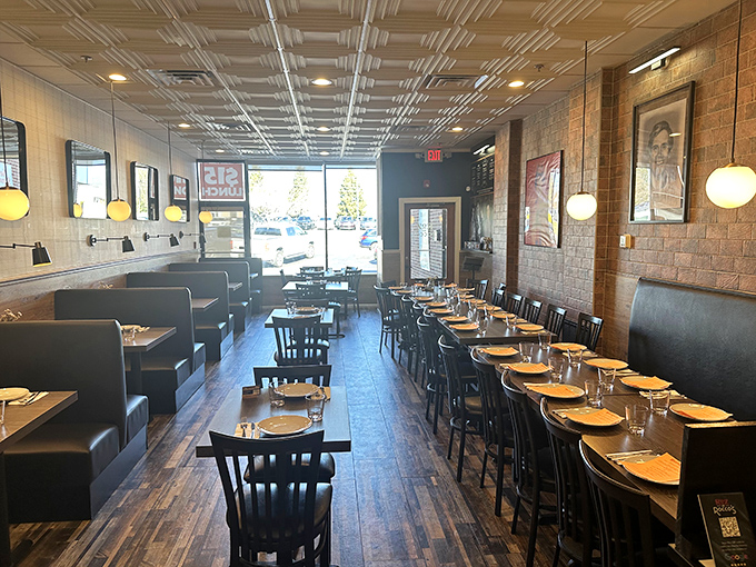 The dining room's warm wood and brick create that perfect "fancy but not too fancy" vibe where both date nights and family dinners feel equally at home.