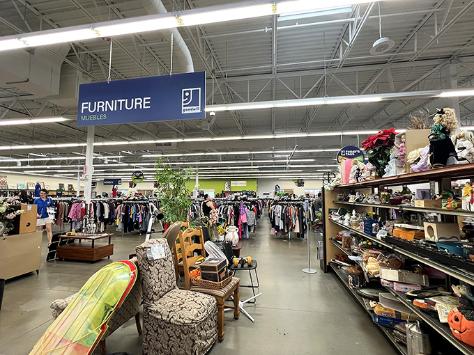 A retail wilderness where furniture meets fashion. The "Muebles" sign is a gentle reminder that good deals transcend language barriers.
