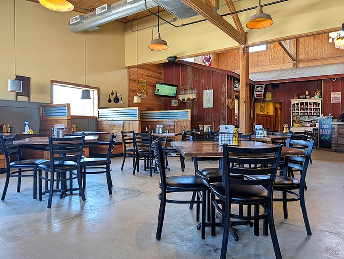 Warm wood tones and practical furnishings set the stage for a meal where the food, not the decor, deserves the spotlight.