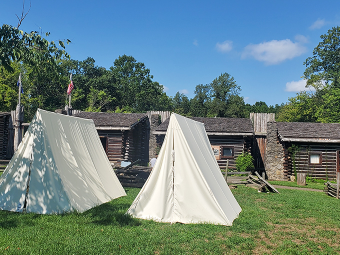 Pioneer life wasn't all hardship&mdash;these canvas tents and log cabins remind us that "glamping" has historical roots. Daniel Boone: original outdoor influencer.