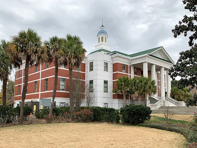 Beaufort's City Hall stands proud like a Southern belle at her debutante ball. The red brick and white columns create a stately presence that anchors the historic district.