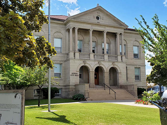 Alpena City Hall stands as a testament to timeless architecture, its stately columns and symmetrical design evoking a sense of civic pride.