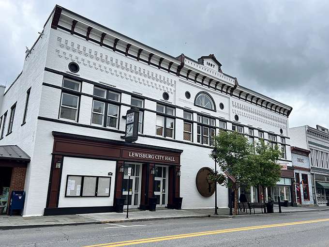 Lewisburg City Hall stands proudly in gleaming white brick, a testament to the town's commitment to preserving its architectural heritage.