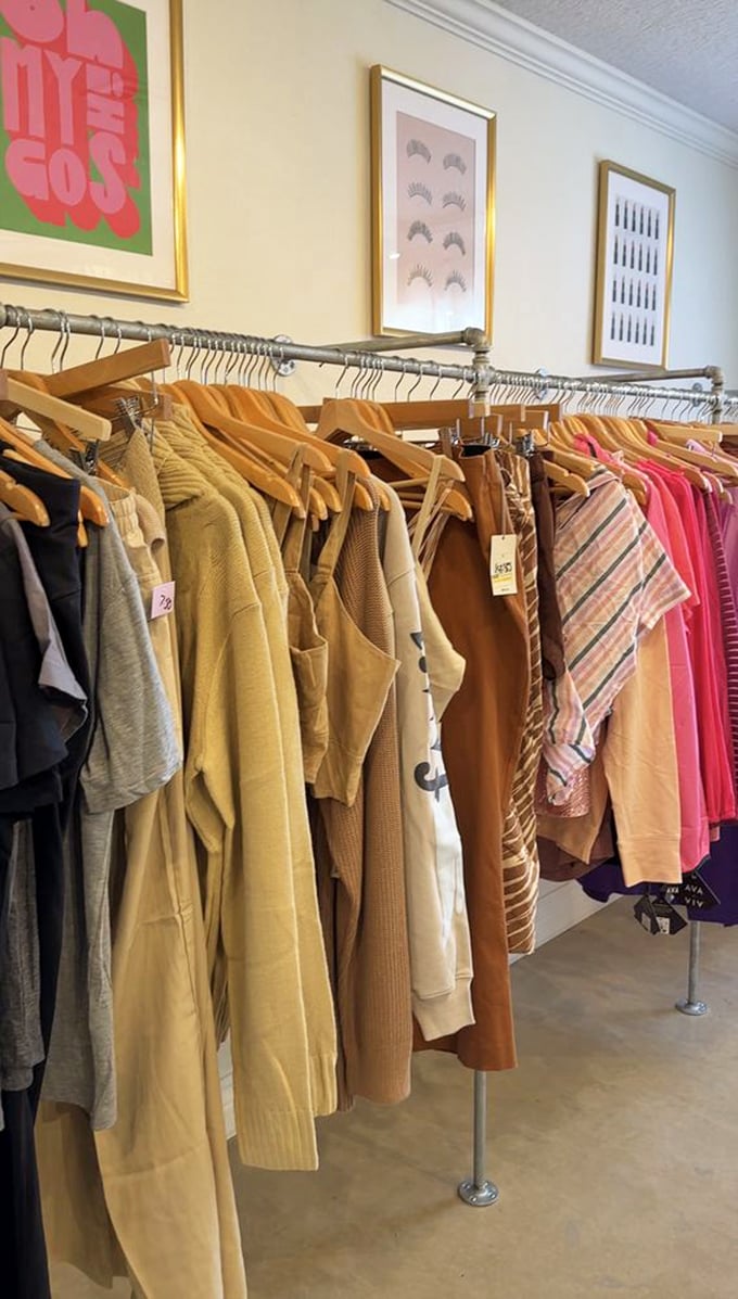 Color-coordinated clothing racks showcase vintage finds with modern appeal, all waiting for their second chance at fashion glory.