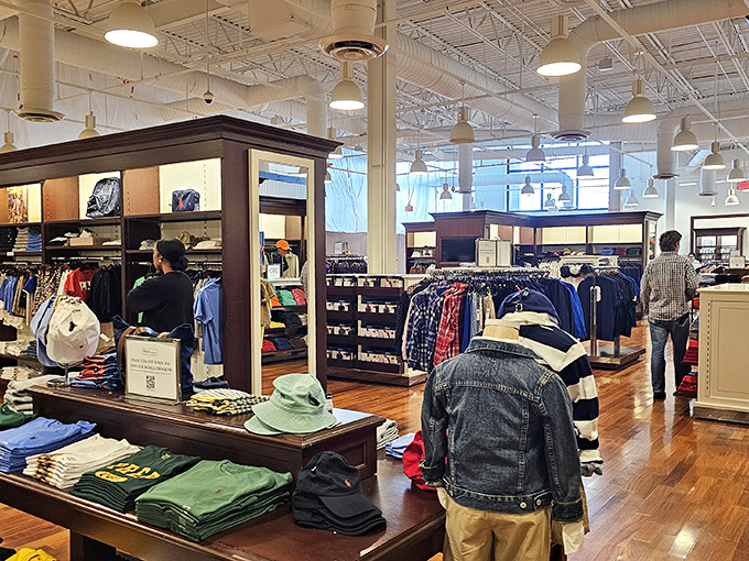 Inside Polo Ralph Lauren, where the perfectly arranged displays make you suddenly believe you need seventeen new button-downs despite working from home.