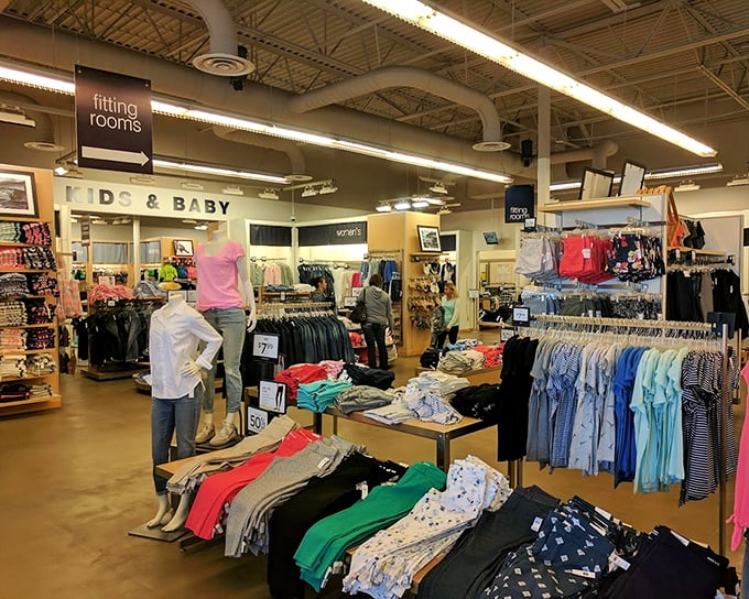 Racks upon racks of discounted treasures await at stores like this one, where your wallet breathes easier with every purchase.