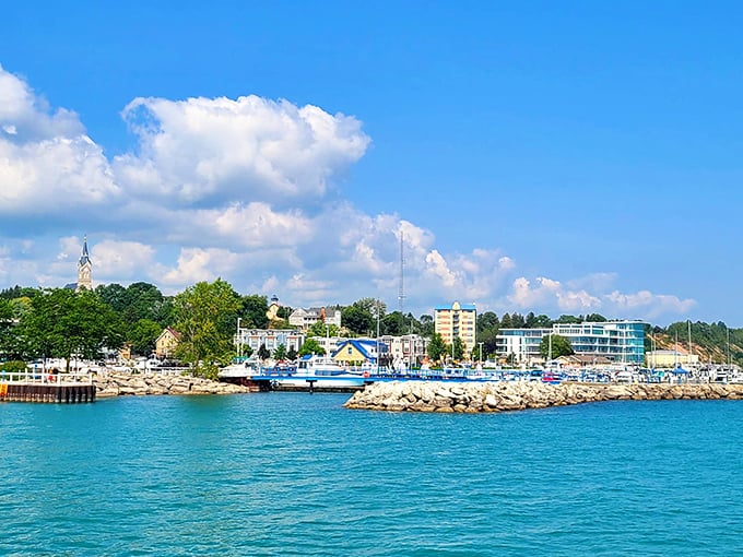 The harbor's turquoise waters could fool you into thinking you've landed in the Caribbean, if not for those distinctly Midwestern church spires.