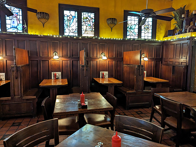 Church-like wooden booths and stained glass windows transform burger consumption into something almost spiritual. Dining here feels like joining a delicious congregation.