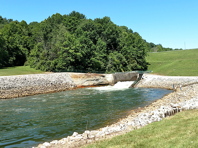 Engineering meets artistry as water dances through the spillway. Mother Nature and human ingenuity performing their long-running duet.