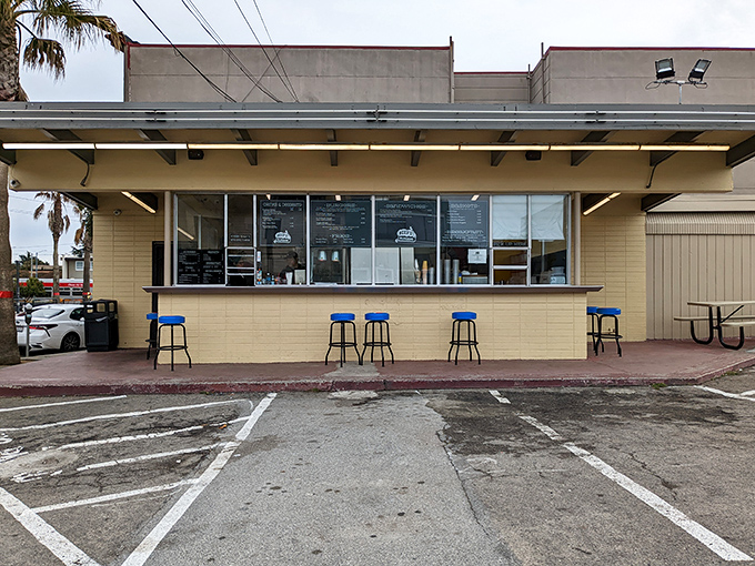 Simple blue stools and a no-frills counter create the perfect stage for food that needs no elaborate setting to shine.