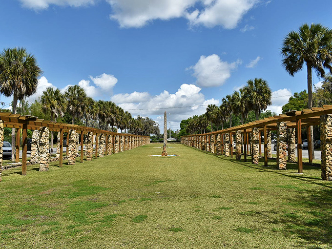 The Court of States offers a grand promenade flanked by stone columns and palm trees, like a Floridian version of ancient Rome but with significantly better weather.