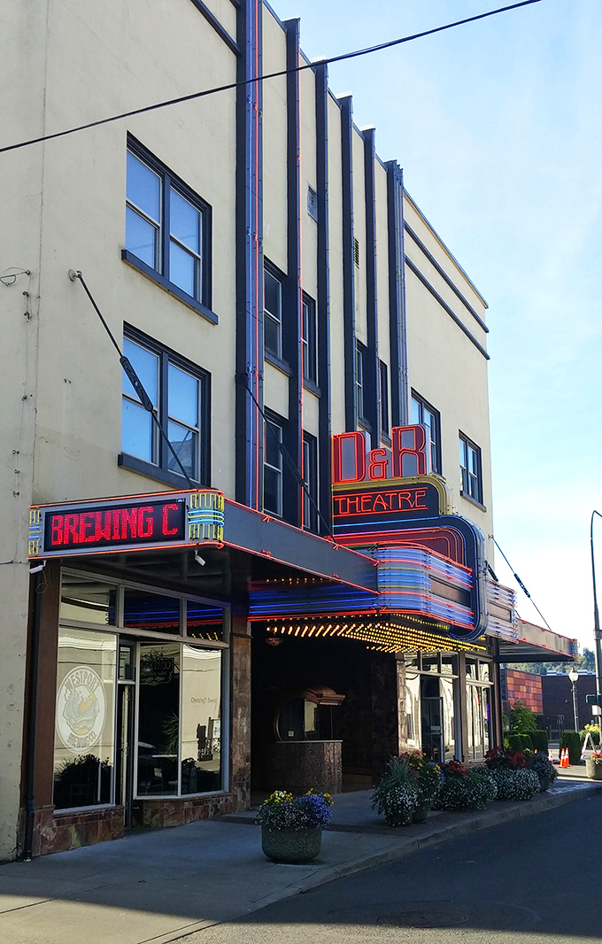 The iconic D&R Theatre's neon marquee lights up downtown, a vibrant reminder of Aberdeen's cultural heartbeat.