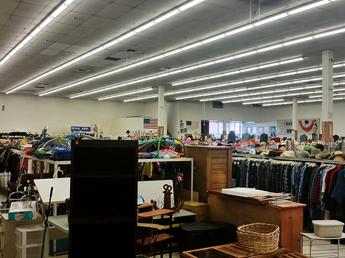 Racks upon racks of clothing stretch toward fluorescent horizons, a textile landscape where yesterday's fashion finds tomorrow's appreciative owner.