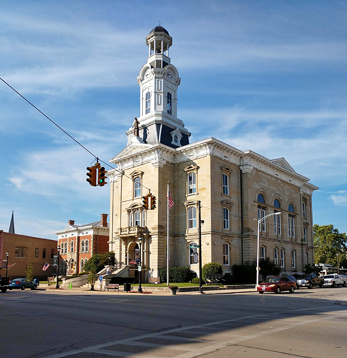 The majestic Darke County Courthouse stands sentinel over downtown, its clock tower reminding residents that here, time moves at a human pace.