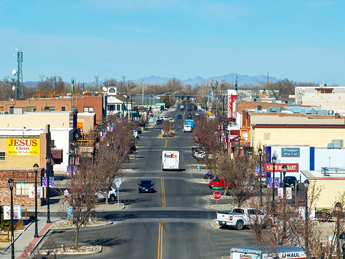 Main Street unfolds toward distant mountains, offering that rarest of modern luxuries&mdash;a town where you can actually find parking without developing an ulcer.