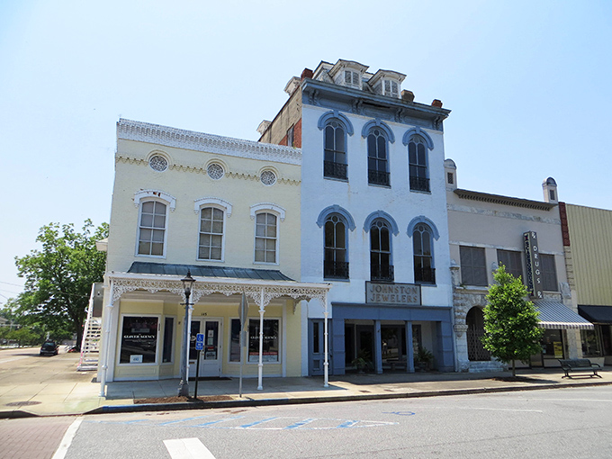 These pastel-colored historic buildings aren't just pretty facades—they're living chapters of Eufaula's story, standing proud since the 19th century.