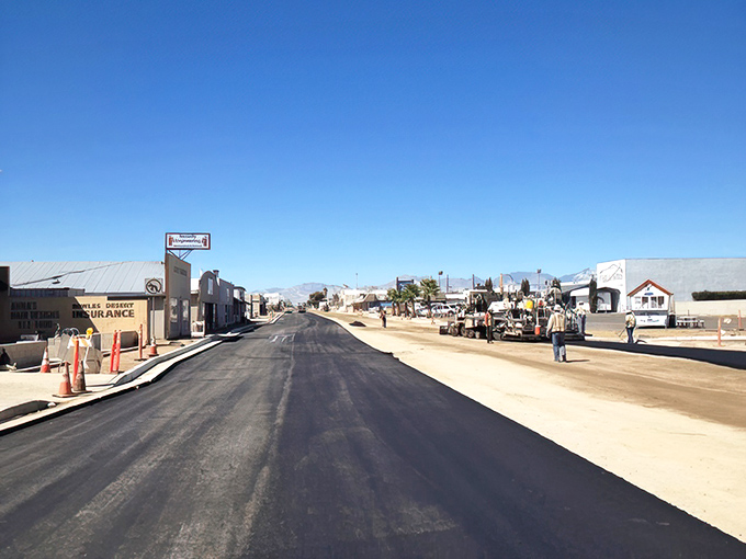 Downtown Ridgecrest mid-renovation &ndash; where infrastructure improvements signal a community investing in its future rather than resting on desert laurels.