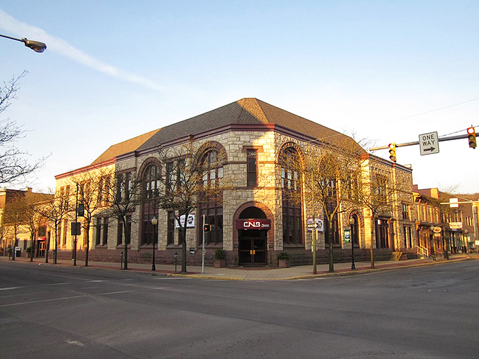 The CNB Bank building isn't just a place for your money—it's a stone castle that makes depositing your Social Security check feel downright regal.