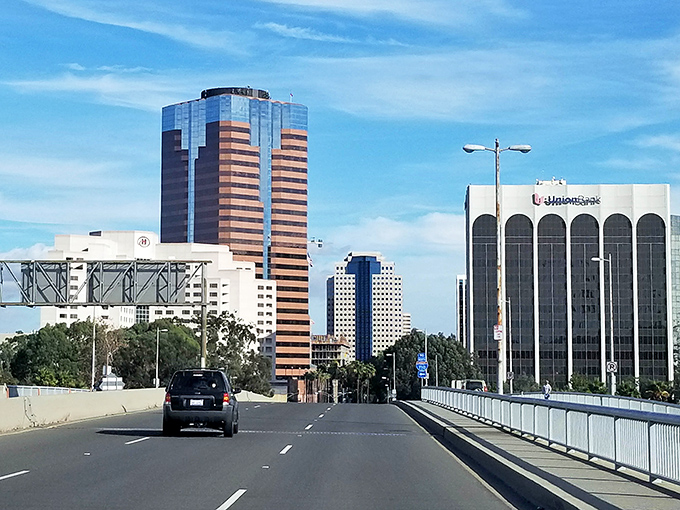 Those buildings rising behind the palms remind you that civilization and beach life can coexist peacefully after all.